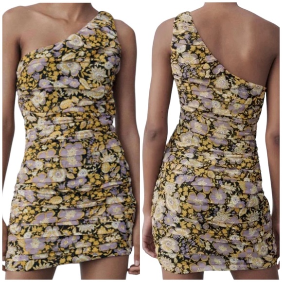 Zara | Dresses | Zara One Shoulder Floral Ruched Bodycon Mini Dress ...